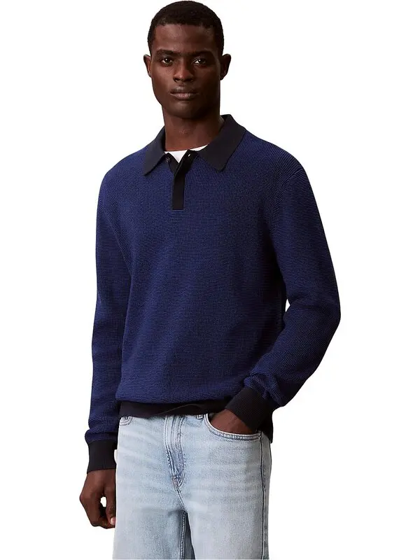 Calvin Klein Smooth Cotton Waffle Polo Sweater - Dark Sapphire