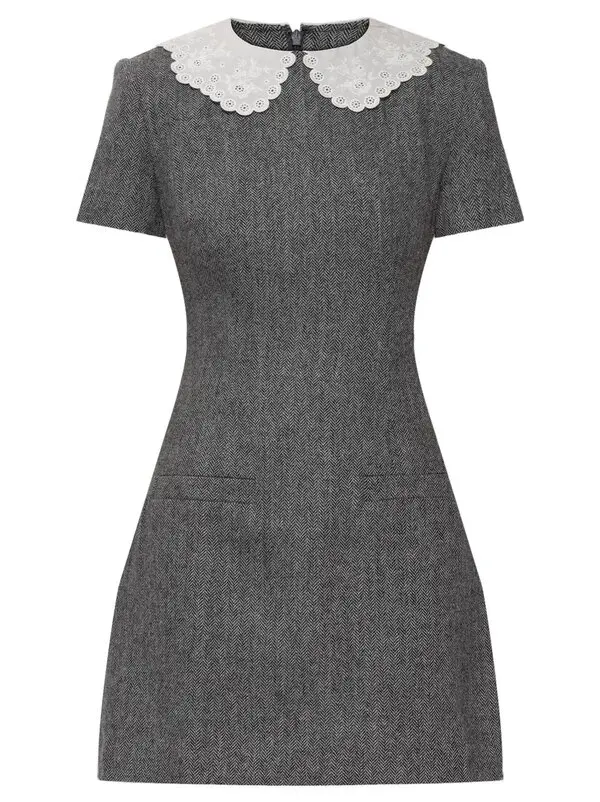 SELF-PORTRAIT Herringbone Mini Dress With Embroidered Collar - Grey