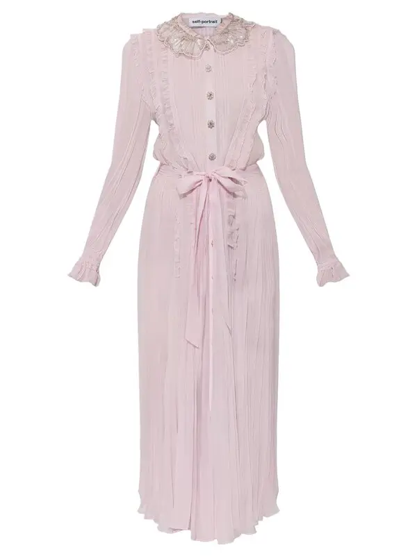 SELF-PORTRAIT Pleated Midi Dress With Embellished Collar - Pink