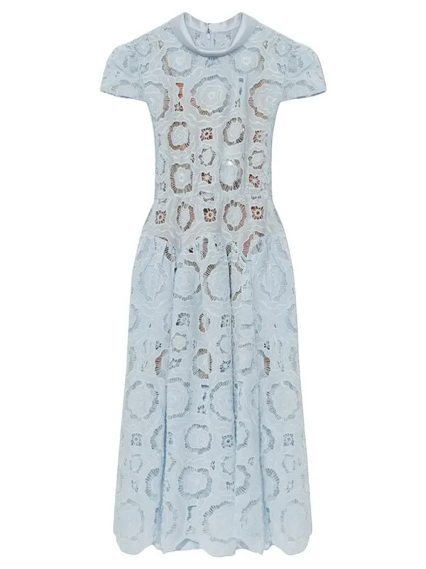 SELF-PORTRAIT Lace Midi Dress With Belt - Light Blue
