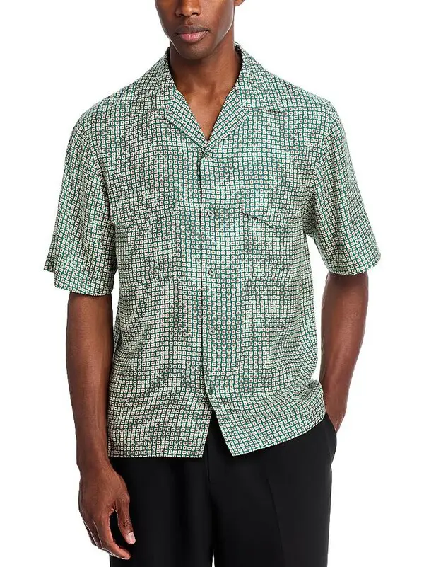 Simkhai Clarke Printed Short Sleeve Silk Camp Shirt - Kelly Green
