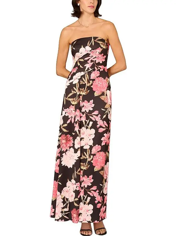 Aidan Mattox Crepe Back Satin Long Dress - Black/pink Multi