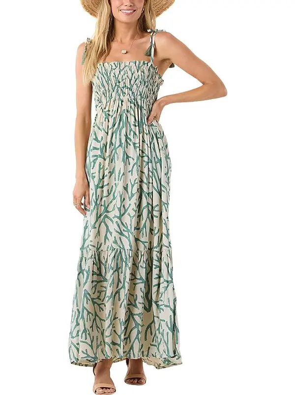 Tiare Hawaii Hilo Smocked Maxi Dress - Coral Reef Cream Green