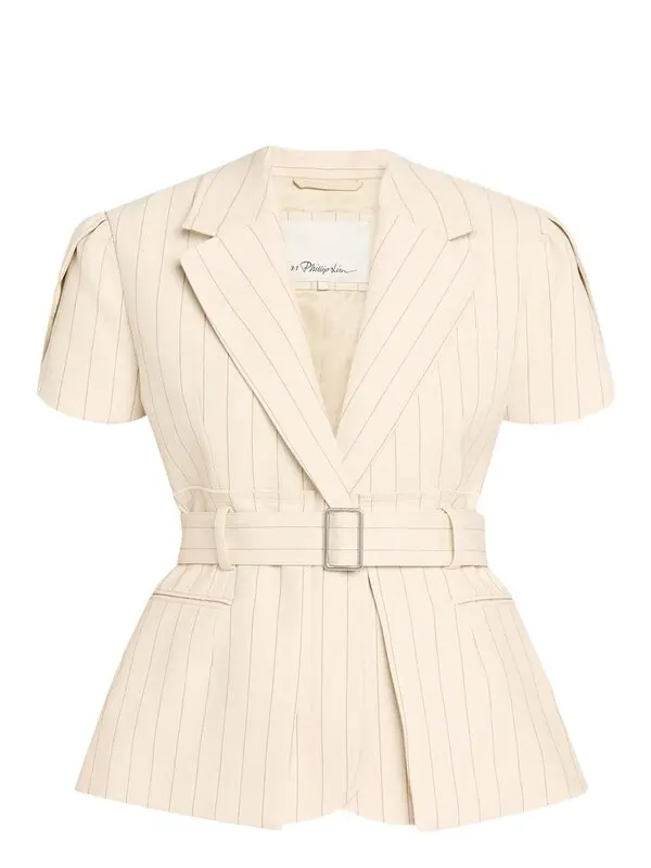 3.1 Phillip Lim Short-sleeve Pinstripe Jacket With Belt - Ecru/tan