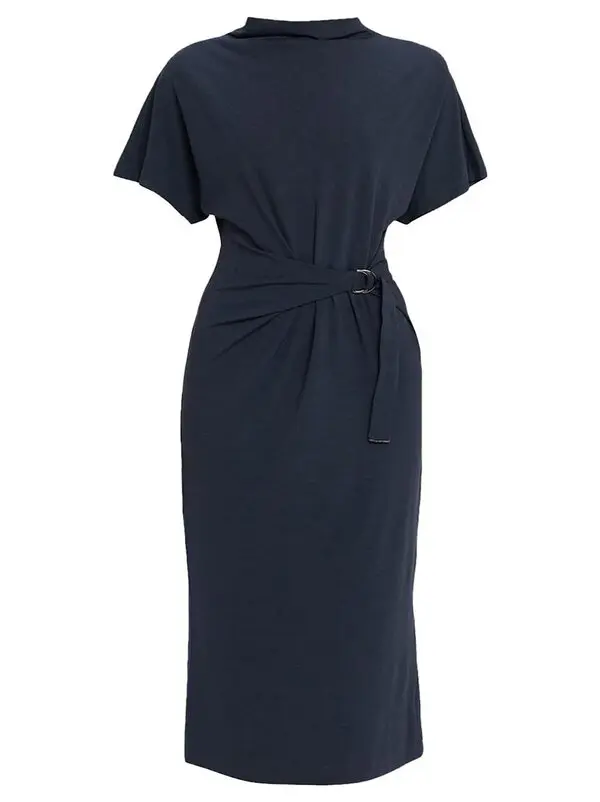 Brunello Cucinelli Drape Short-sleeve Wool Jersey Midi Wrap Dress - Blue