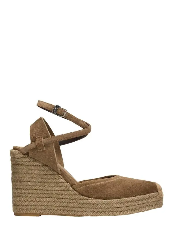 Brunello Cucinelli 80mm Monili Suede Espadrille Wedge Sandals - Brown
