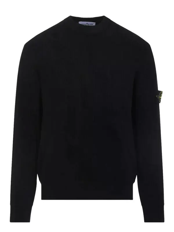 Stone Island Ribbed Knit Sweater With Logo Patch - Black