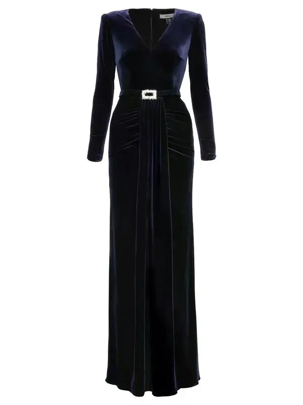 NISSA Crystal Buckle Velvet Maxi Dress - Blue