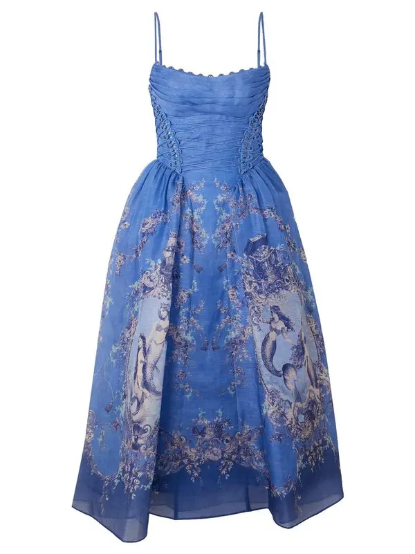 Zimmermann Rebellion Lace-up Embellished Pleated Printed Linen And Silk-blend Midi Dress - Blue