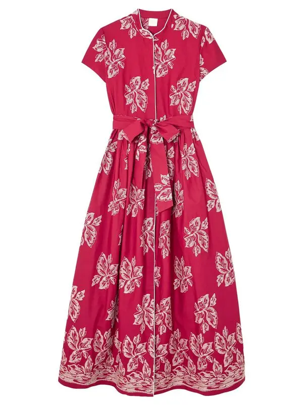 Loretta Caponi Camaiore Belted Embroidered Cotton-poplin Maxi Dress - Red