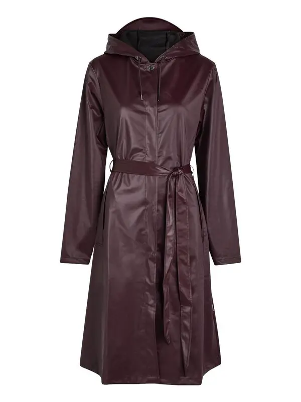 Rains Belted Hooded Longline Jacket - Burgundy