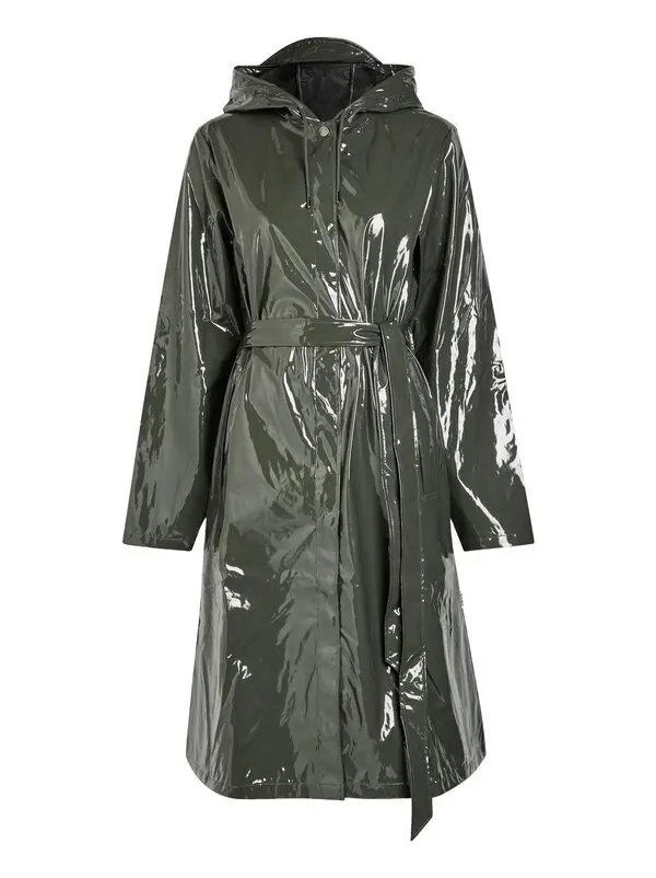 Rains Belted Hooded Longline Jacket - Dark Green