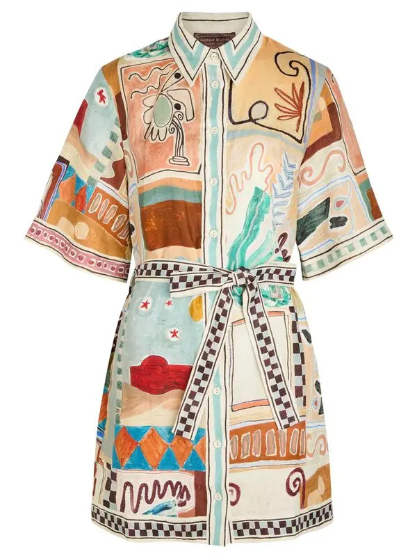 ALEMAIS Printed Belted Mini Shirt Dress - Multicoloured