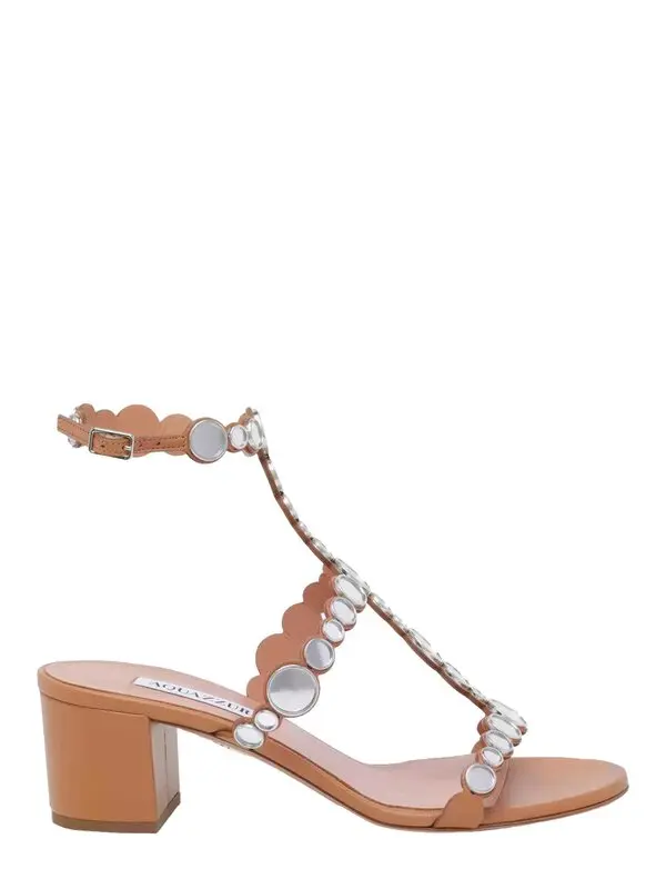 AQUAZZURA Studded Afterglow Leather Sandals - Brown