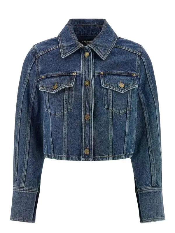 Balmain Buttoned Cropped Denim Jacket - Blue