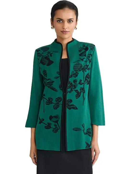 Ming Wang Heritage Contrast Trim Floral Jacquard Knit Jacket - Everest/black