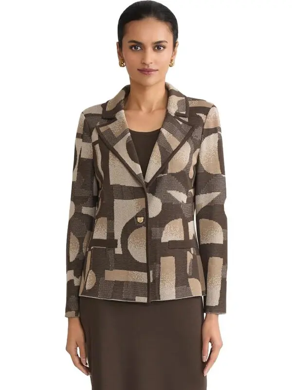Ming Wang Geometric Jacquard Knit Blazer - Warm Taupe/dark Umber/ivory
