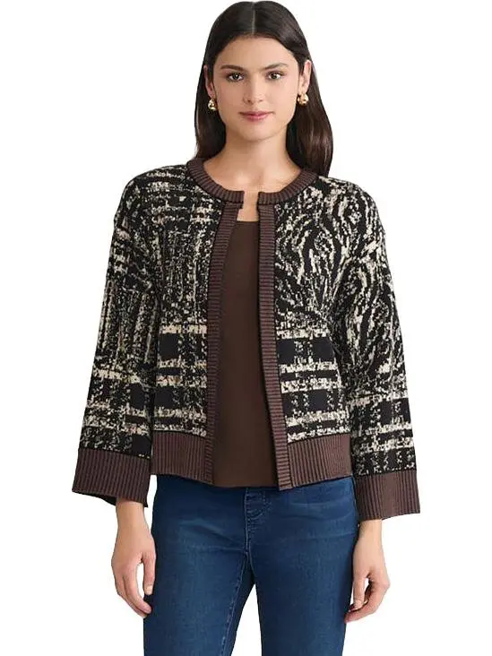 Ming Wang Relaxed Fit Contrast Trim Knit Cardigan - Dark Umber/black/twig