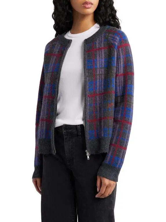 DAMSON MADDER Minah Brushed Check Merino Wool Zip Cardigan - Grey Multi