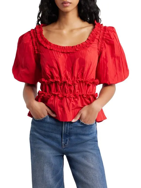 DAMSON MADDER Everly Ruffled Peplum Top - Red