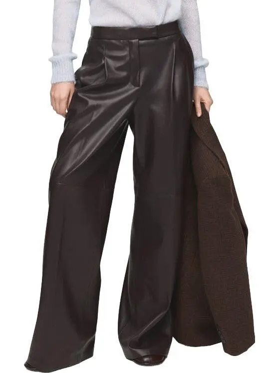 Mango Riga Faux Leather Wide-leg Pants - Chocolate