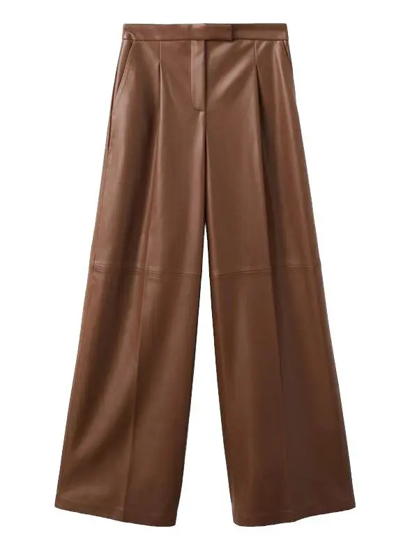 Mango Riga Faux Leather Wide-leg Pants - Medium Brown