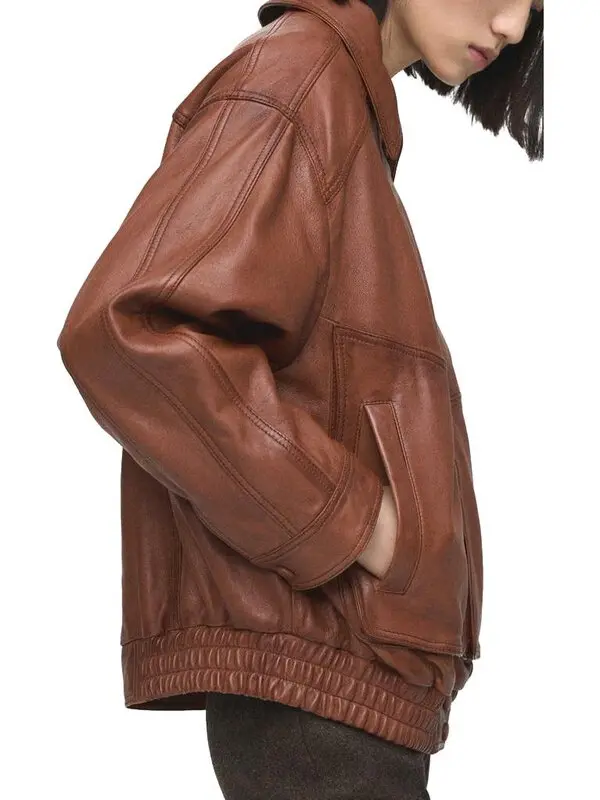 Mango Oversized Leather Jacket - Cognac