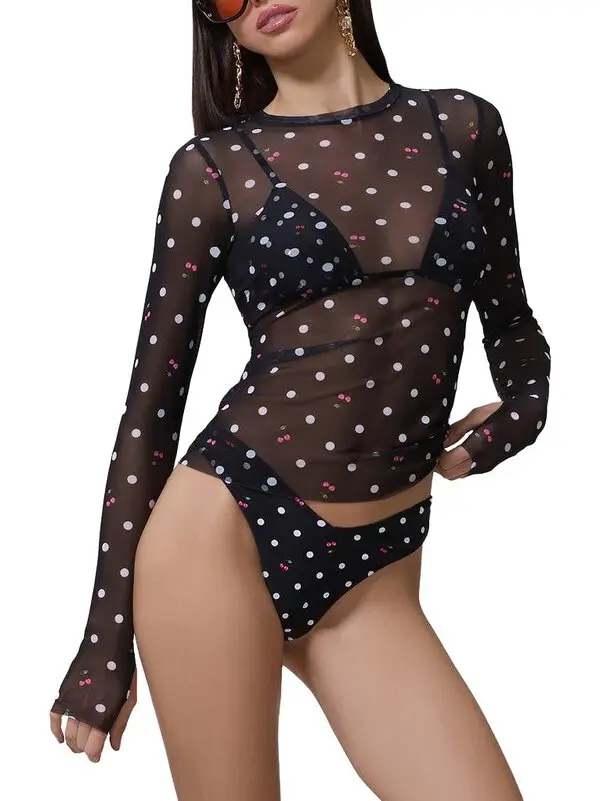 AFRM Kaylee Printed Long Sleeve Mesh Top - Cherry Dots
