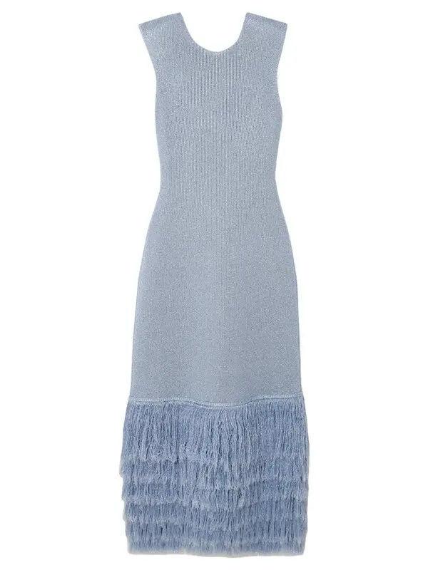 Aje Breeze Fringed Metallic Knitted Midi Dress - Blue