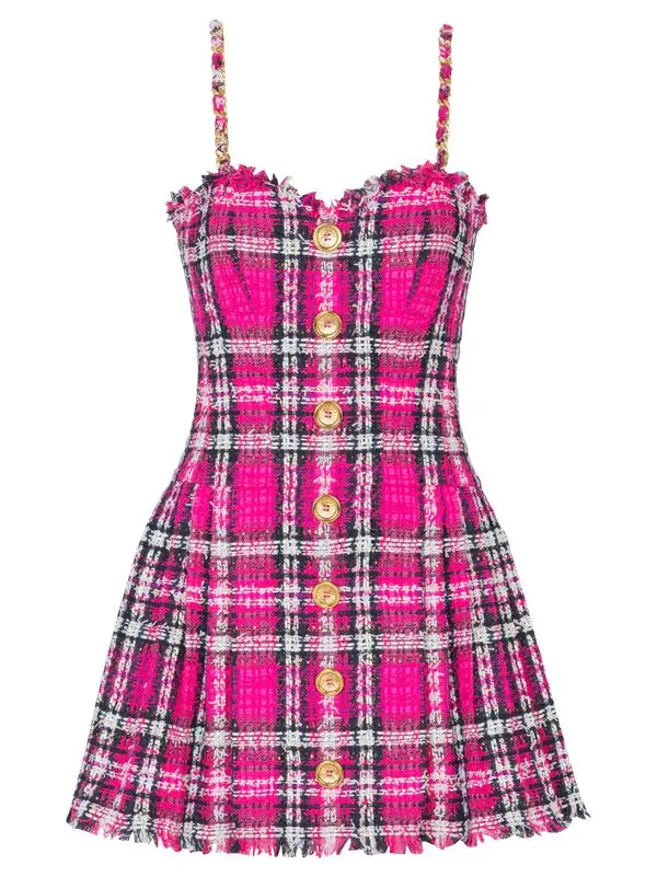 Balmain Plaid A-line Dress With Chain Straps - Pink
