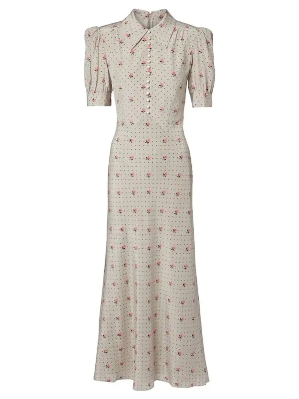 Alessandra Rich Floral Polka-dot Silk Maxi Dress - Grey
