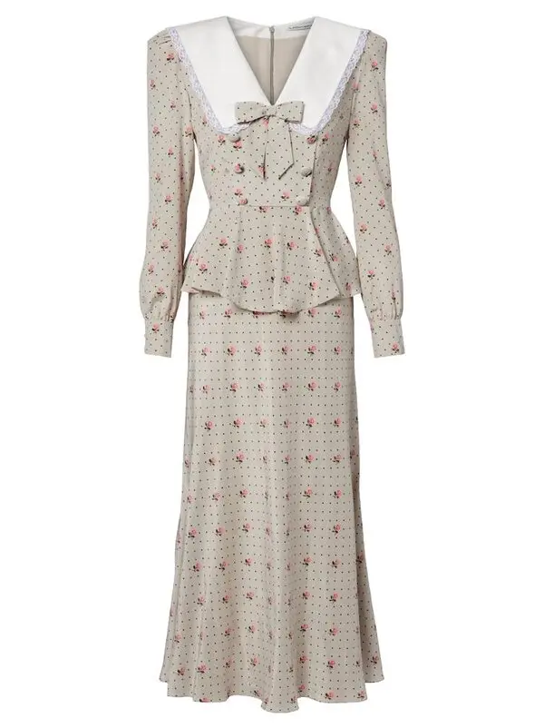 Alessandra Rich Floral Polka-dot Silk Midi Dress - Grey