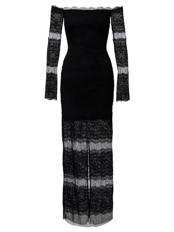 Blumarine Off-shoulder Lace Tulle Maxi Dress - Black