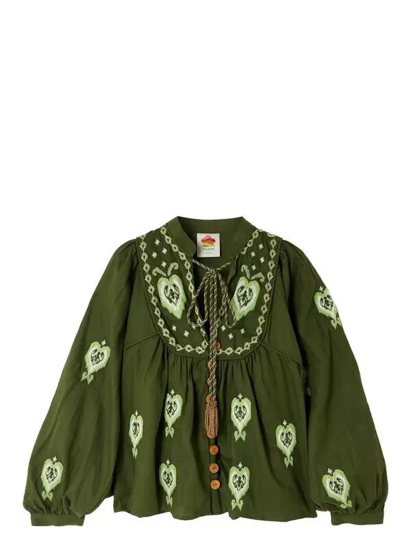 Farm Rio Embellished Embroidered Linen-blend Blouse - Green