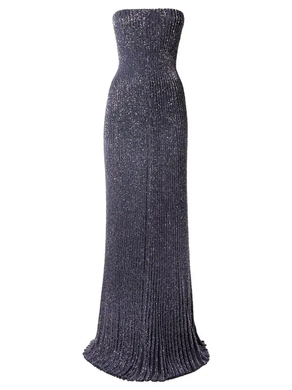 Alaïa Strapless Sequin-embellished Ribbed-knit Gown - Blue