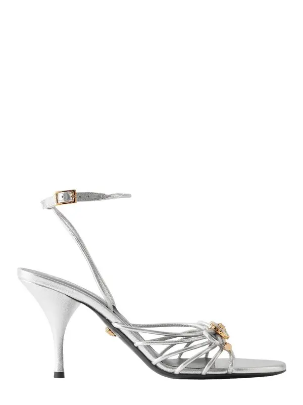 Versace Embellished Metallic Leather Sandals - Silver