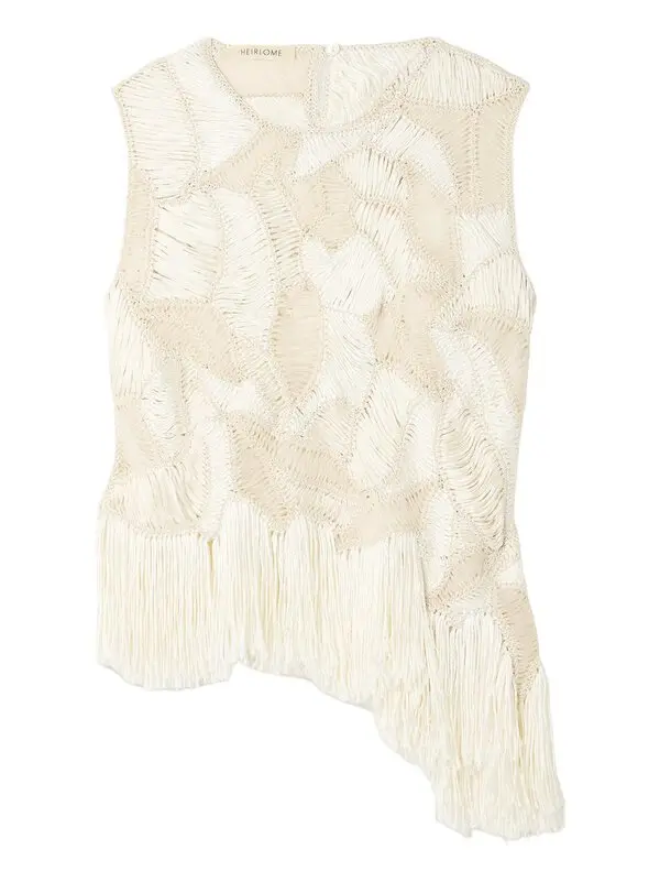 HEIRLOME Maureen Asymmetric Fringed Macramé Tank - Cream