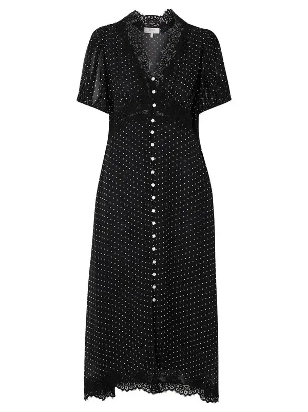 Sea Melody Lace-trimmed Polka-dot Crepe De Chine Midi Dress - Black