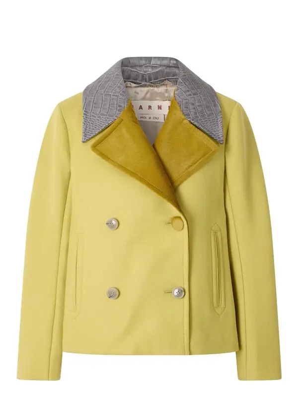 Marni Double-breasted Wool Jacket With Croc-effect Leather Trim - Yellow