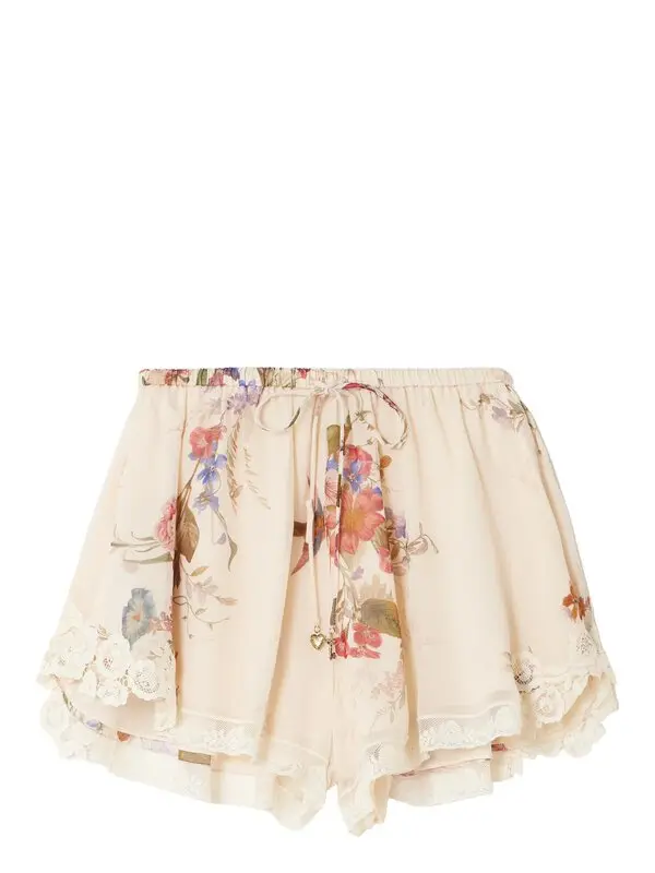 Zimmermann Patience Lace-trimmed Floral-print Cotton And Silk-blend Shorts - Ivory
