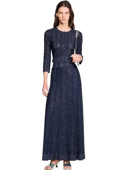 Sandro Rhinestone Knit Maxi Skirt - Blue / Navy