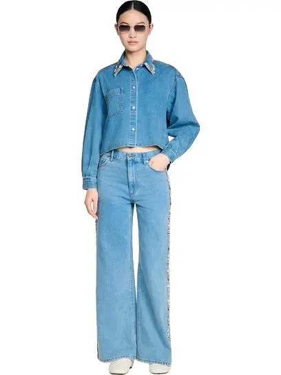 Sandro Denim Shirt With Rhinestones - Blue