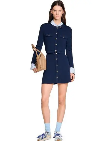 Sandro Ribbed Cardigan And Mini Skirt Set - Blue / Navy