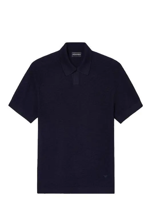Emporio Armani Polo Shirt-collar Jumper In Virgin Wool With Check Motif - Navy