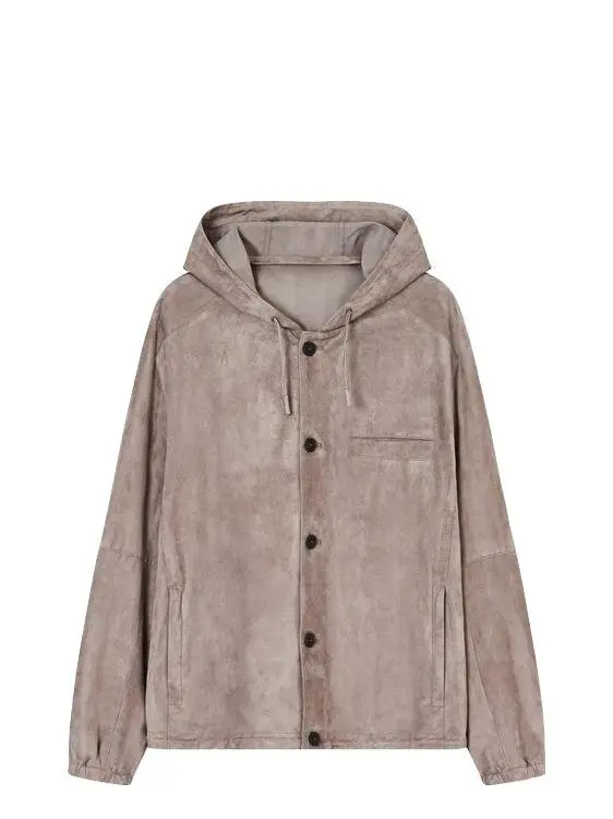 Emporio Armani Hooded Blouson In Goatskin Suede - Natural