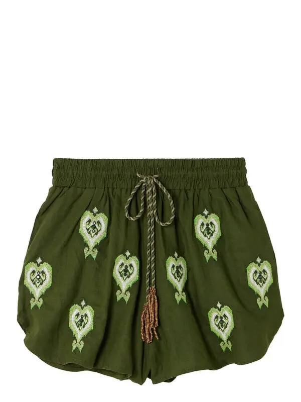Farm Rio Embroidered Linen-blend Shorts - Green