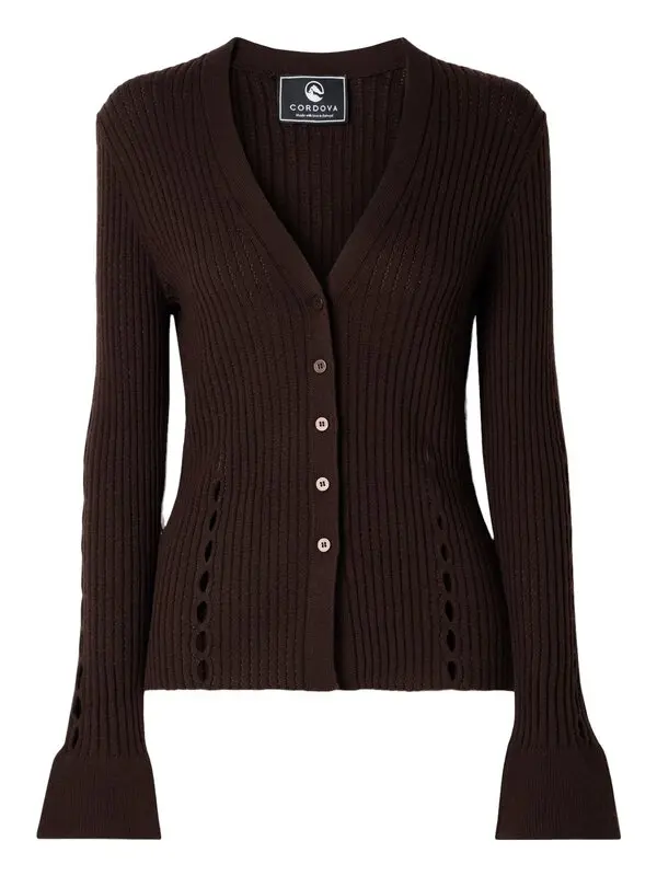 Cordova Savoie Ribbed Pointelle-knit Merino Wool Cardigan - Brown