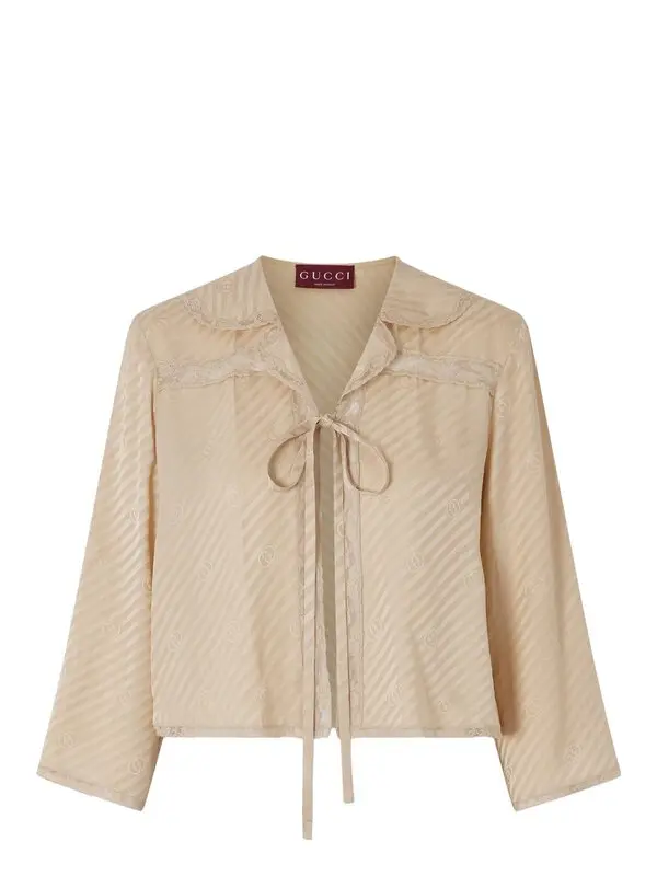 Gucci Lace-up Striped Silk-jacquard Blouse - Neutrals