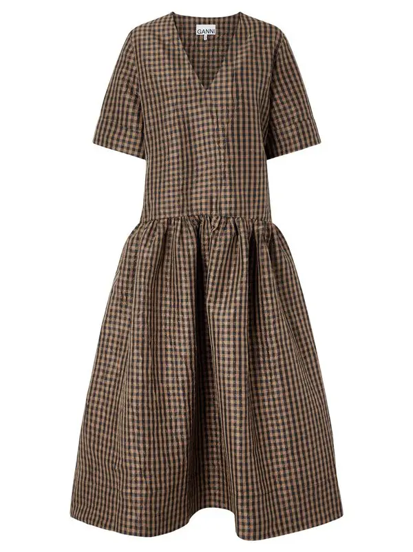 GANNI Crinkled Gingham Recycled-taffeta Midi Dress - Brown