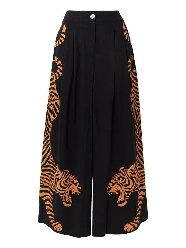 Farm Rio Printed Twill Wide-leg Pants - Black